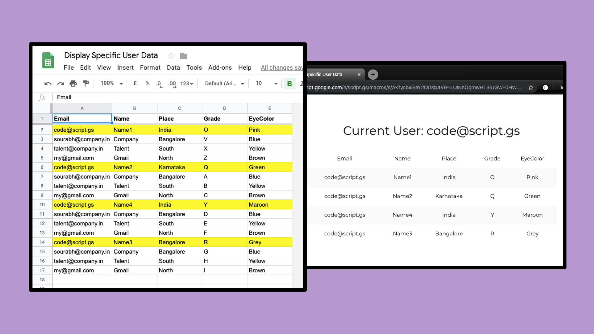 Display User Specific Spreadsheet Data On A App