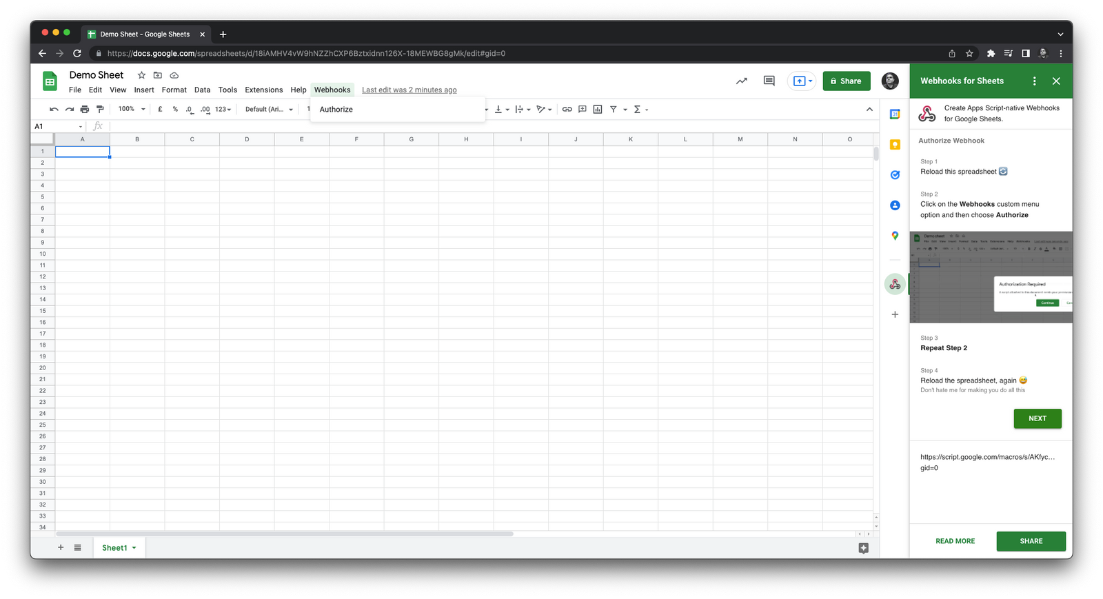 Webhooks for Sheets — Workspace Add-on